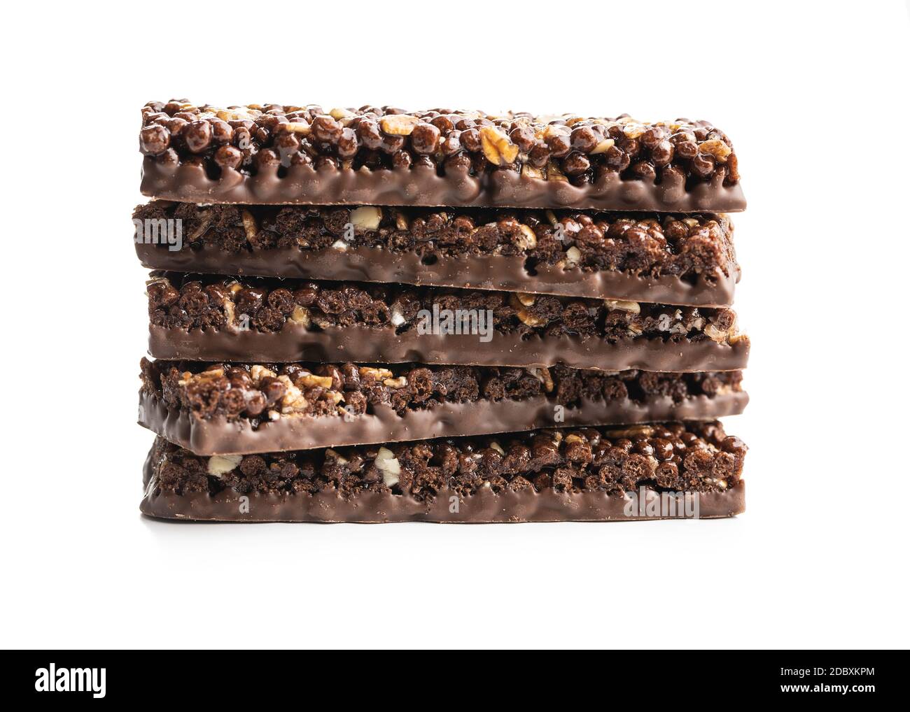 Chocolate cereal bars. Tasty protein bars isolated on white background ...