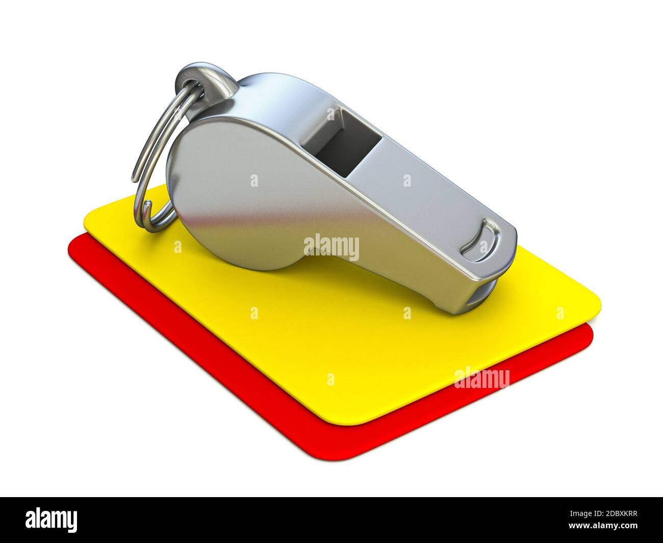 Metal whistle, yellow and red card 3D render illustration isolated on ...