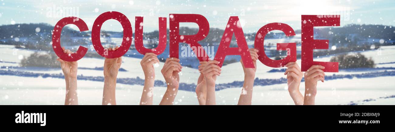 People Hands Holding Colorful French Word Courage Means Do Not Give Up ...