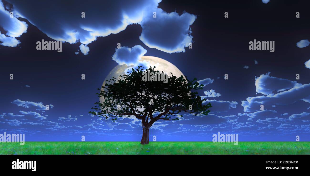 tree night full moon, 3d render illustration Stock Photo - Alamy