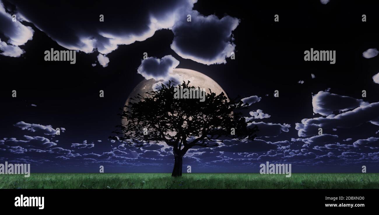 tree night full moon, 3d render illustration Stock Photo - Alamy
