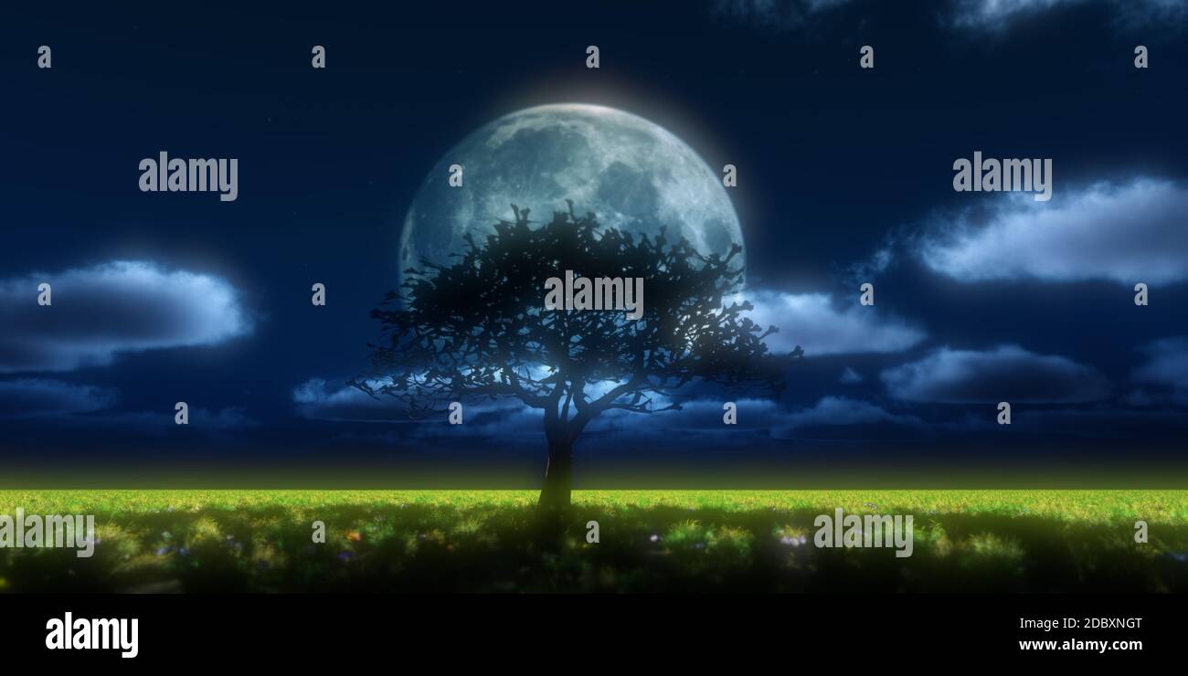 tree night full moon, 3d render illustration Stock Photo - Alamy