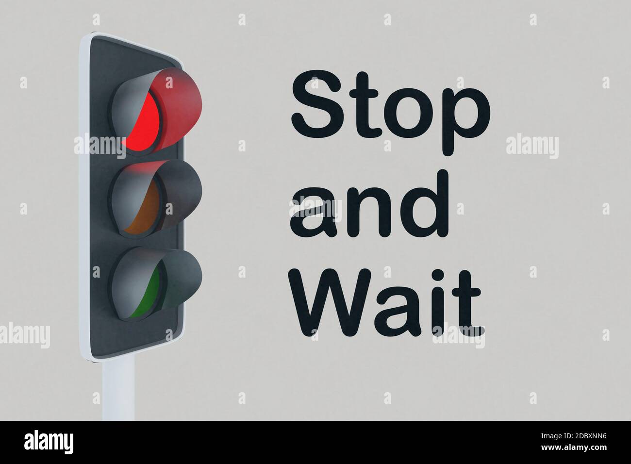 3D illustration of red traffic light, along with the text Stop and Wait ...