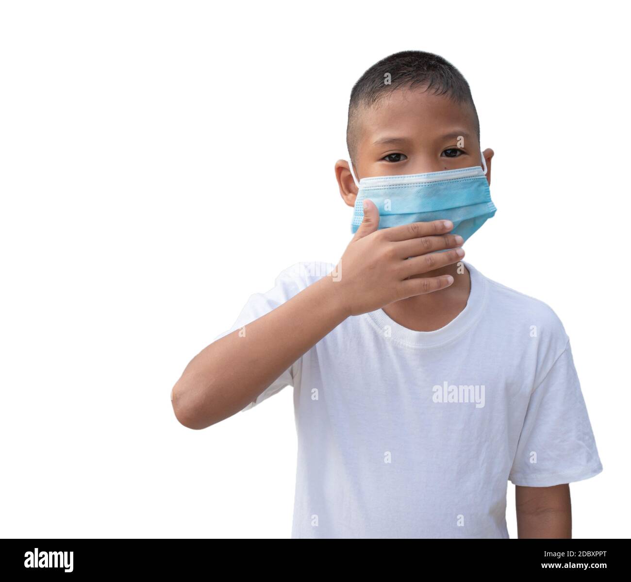 Boy wearing a protective mask And put his hand on his mouth On a white ...