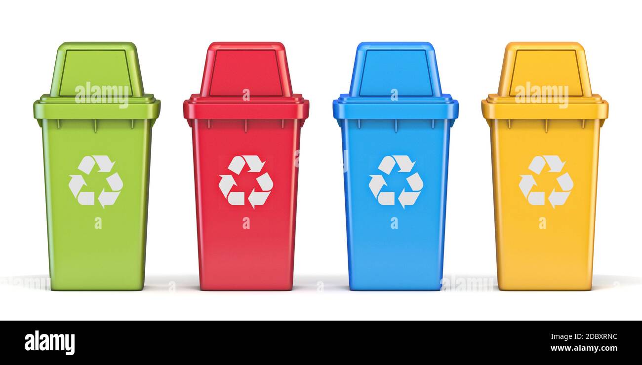 Four colorful recycle bins Front view 3D render illustration isolated ...