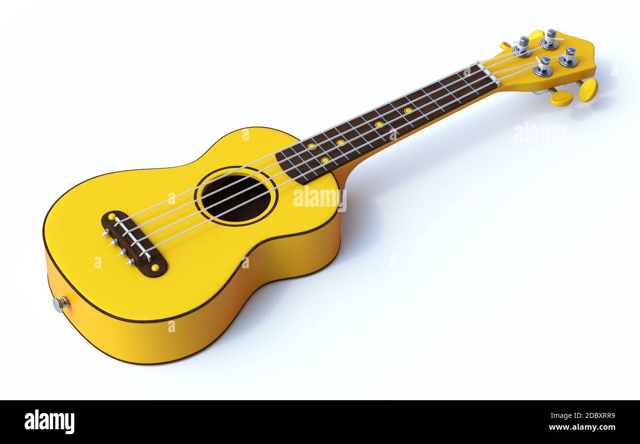 Yellow ukulele 3D rendering illustration isolated on white background ...