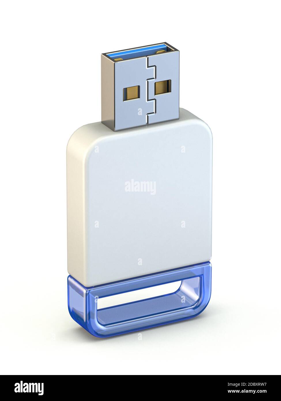 White blue USB memory stick standing 3D render illustration isolated on ...