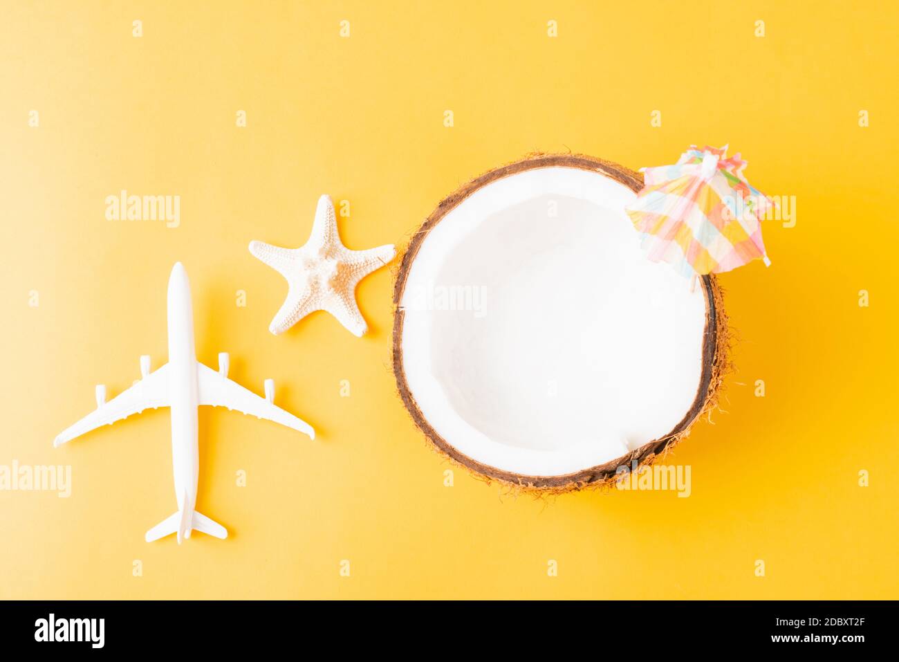 Happy coconuts day concept, fresh coconut, starfish, plane, airplane ...
