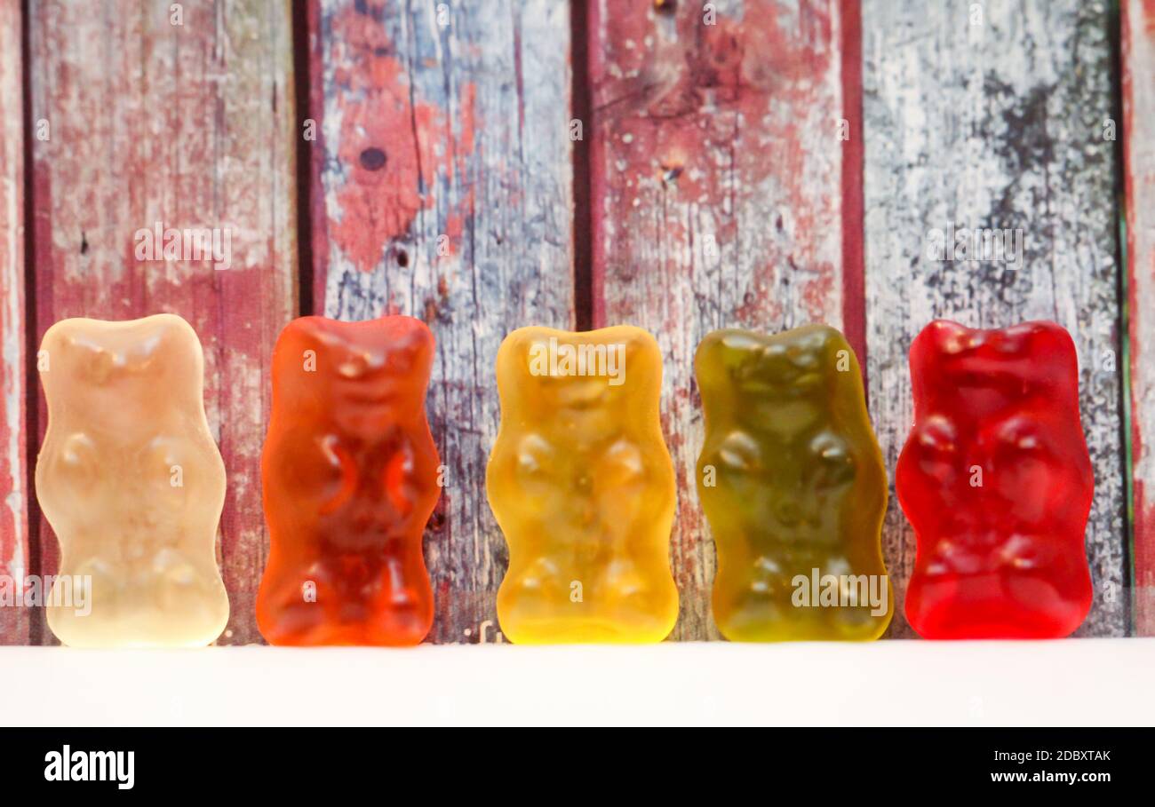 Sweets for those with a sweet tooth. Rubber animals in a row Stock ...