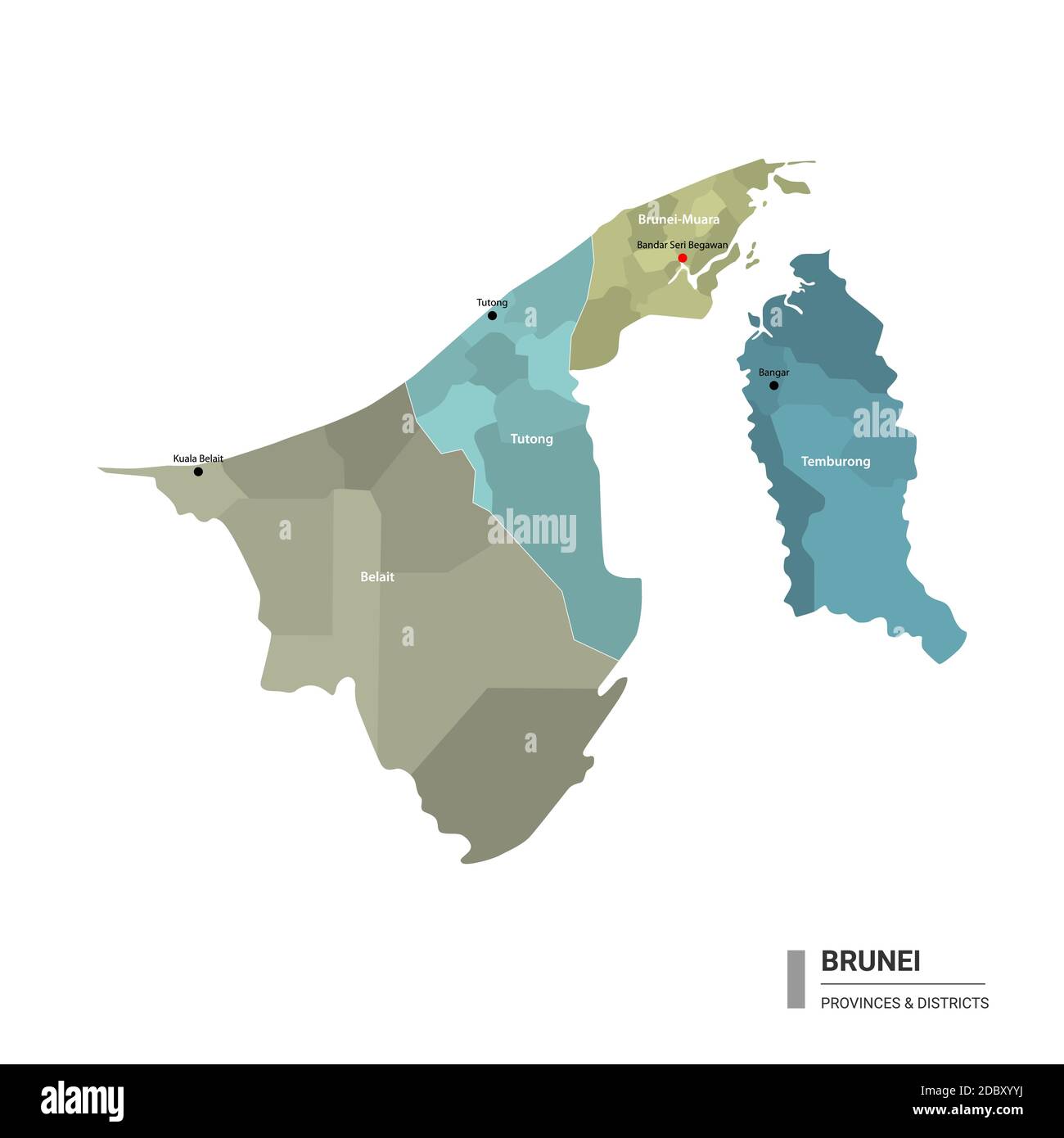 Brunei higt detailed map with subdivisions. Administrative map of ...