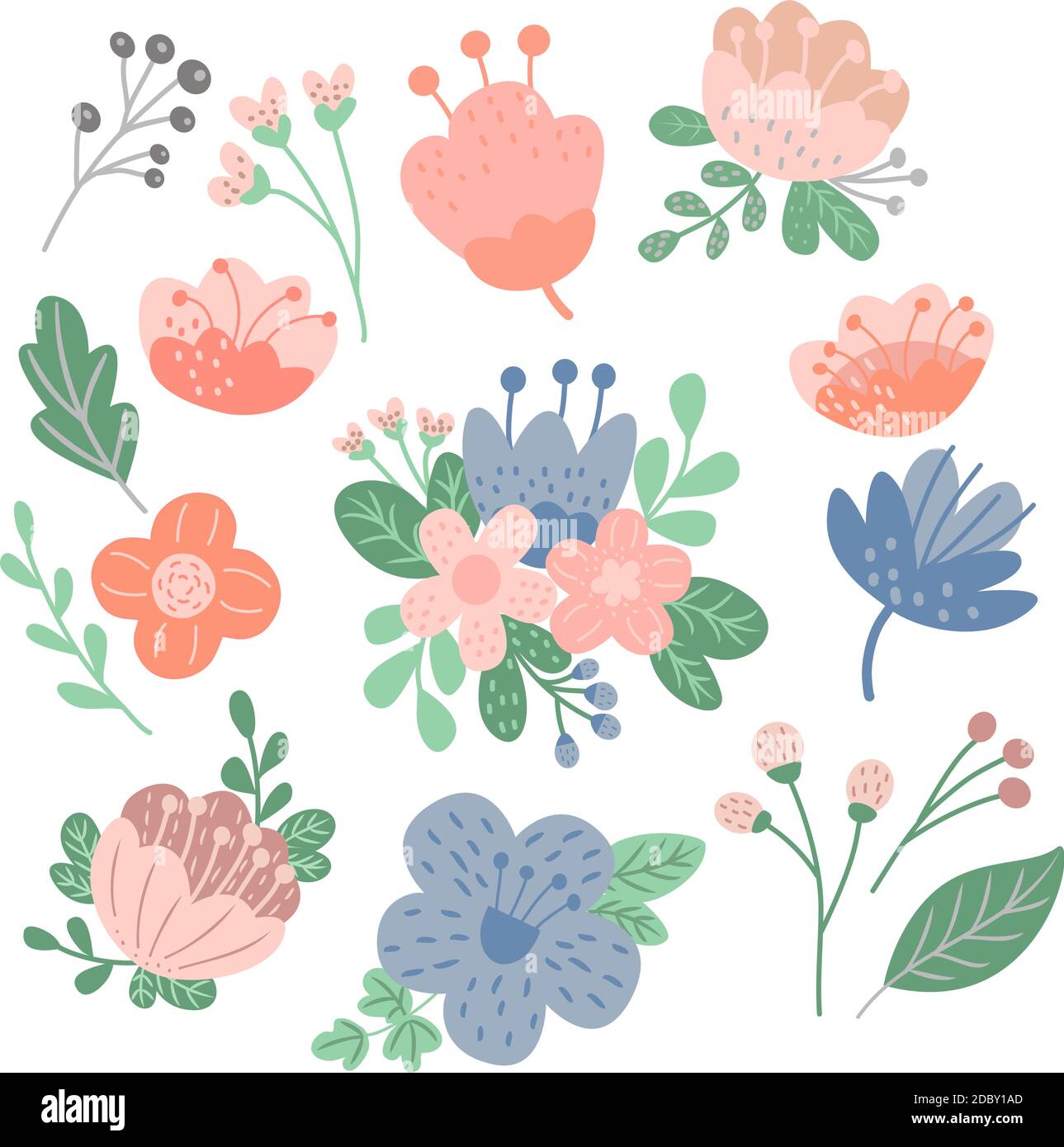 Set of delicate blue, pink flowers and leaves on a white background in ...