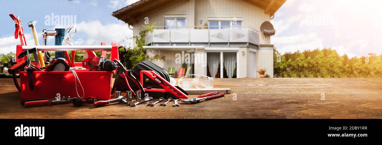 Diy Toolbox With Tool Set. Handyman And Carpenter Toolkit Stock Photo ...