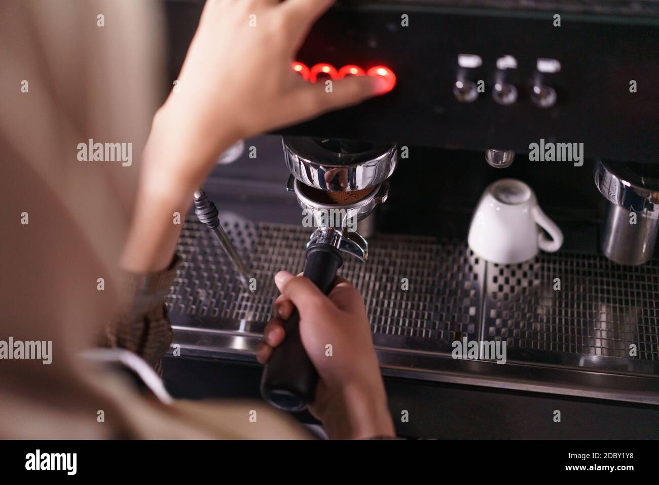 make a coffee with coffee machine in cafe Stock Photo - Alamy