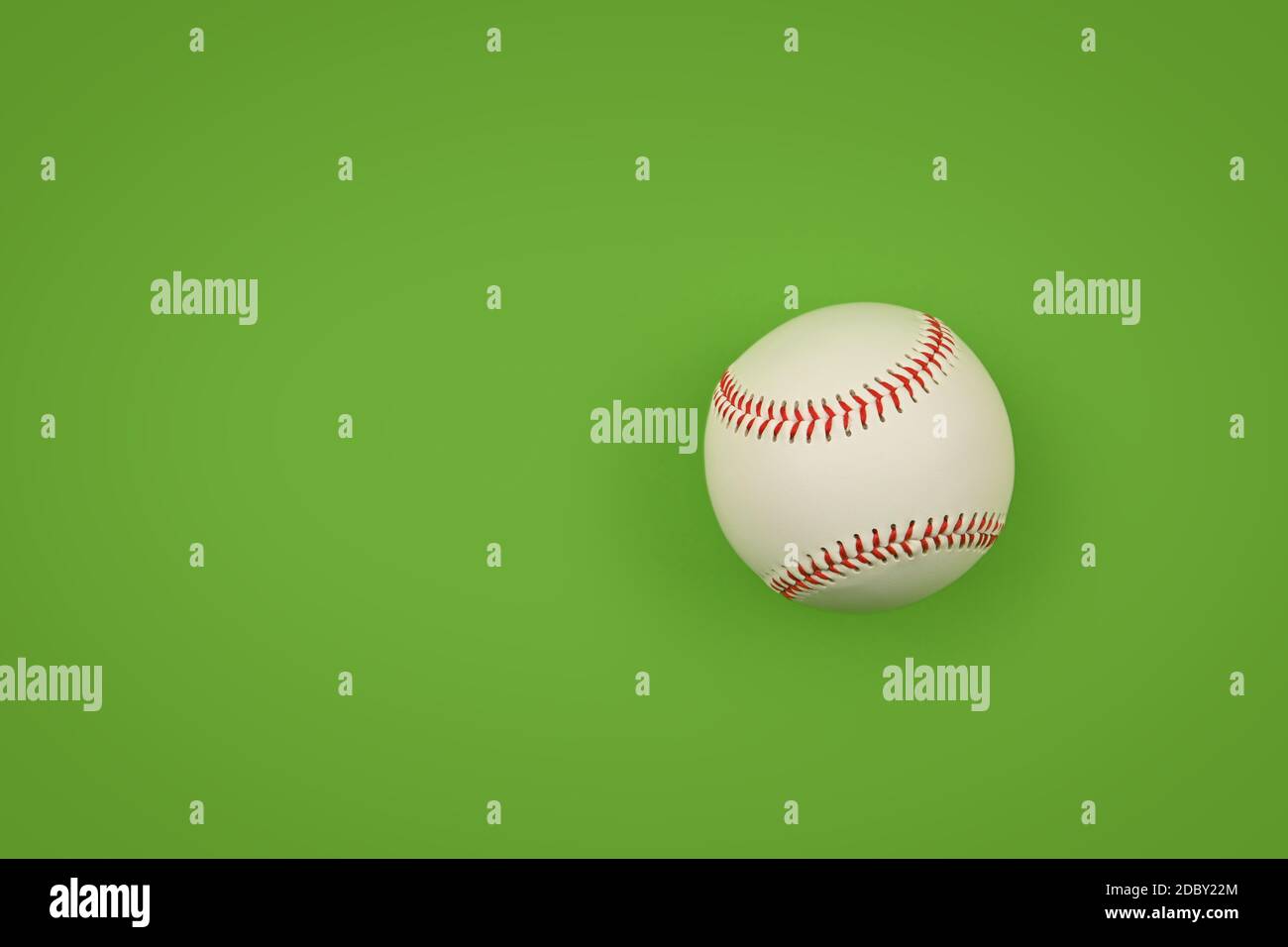 Close up one new baseball ball with red stitch over green background ...