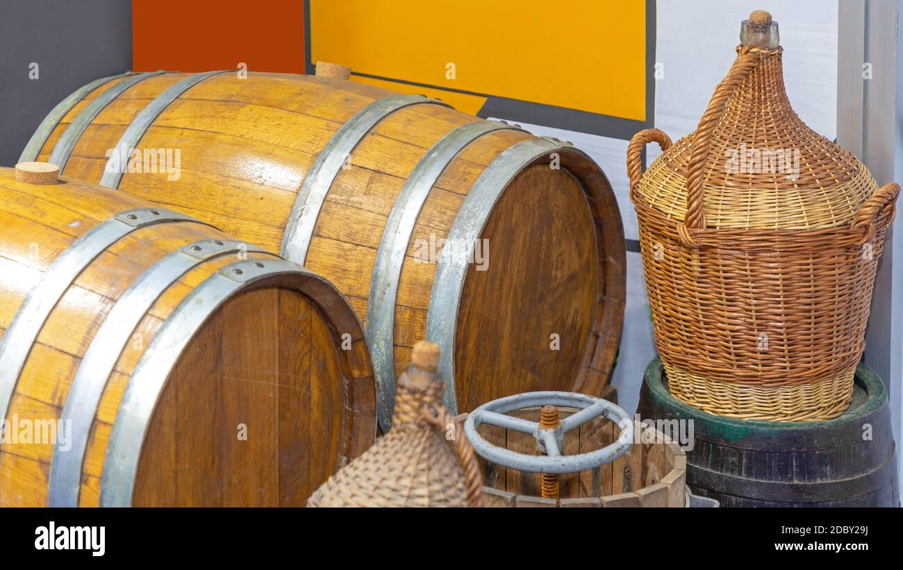 Wooden Barrels and Press Equipment for Making Alcohol Drinks Stock ...