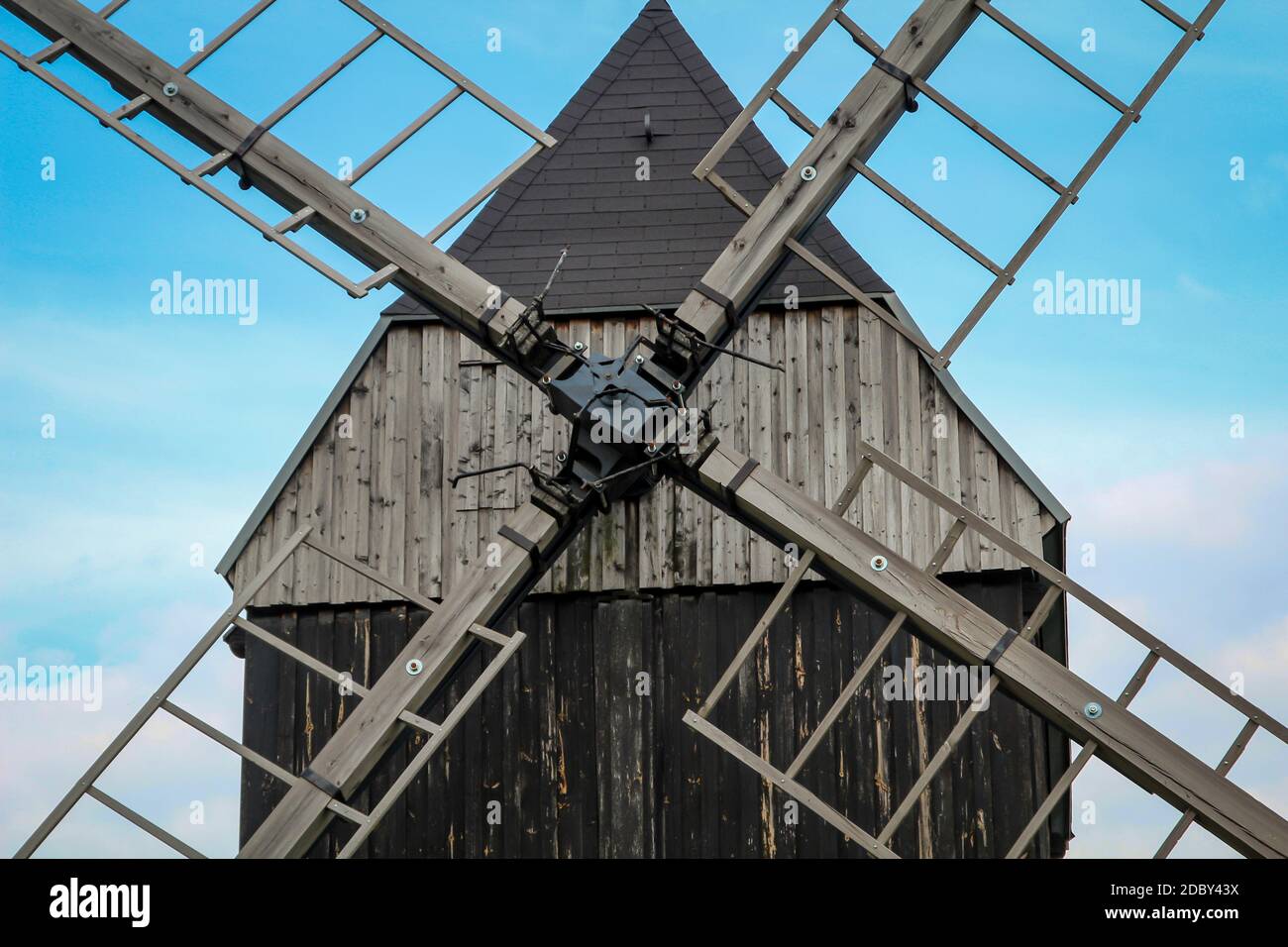 View, details of a well-preserved old post mill Stock Photo - Alamy