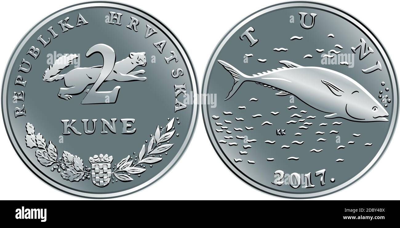 Croatian 2 kuna coin, Tuna on reverse, marten, coat of arms, state ...