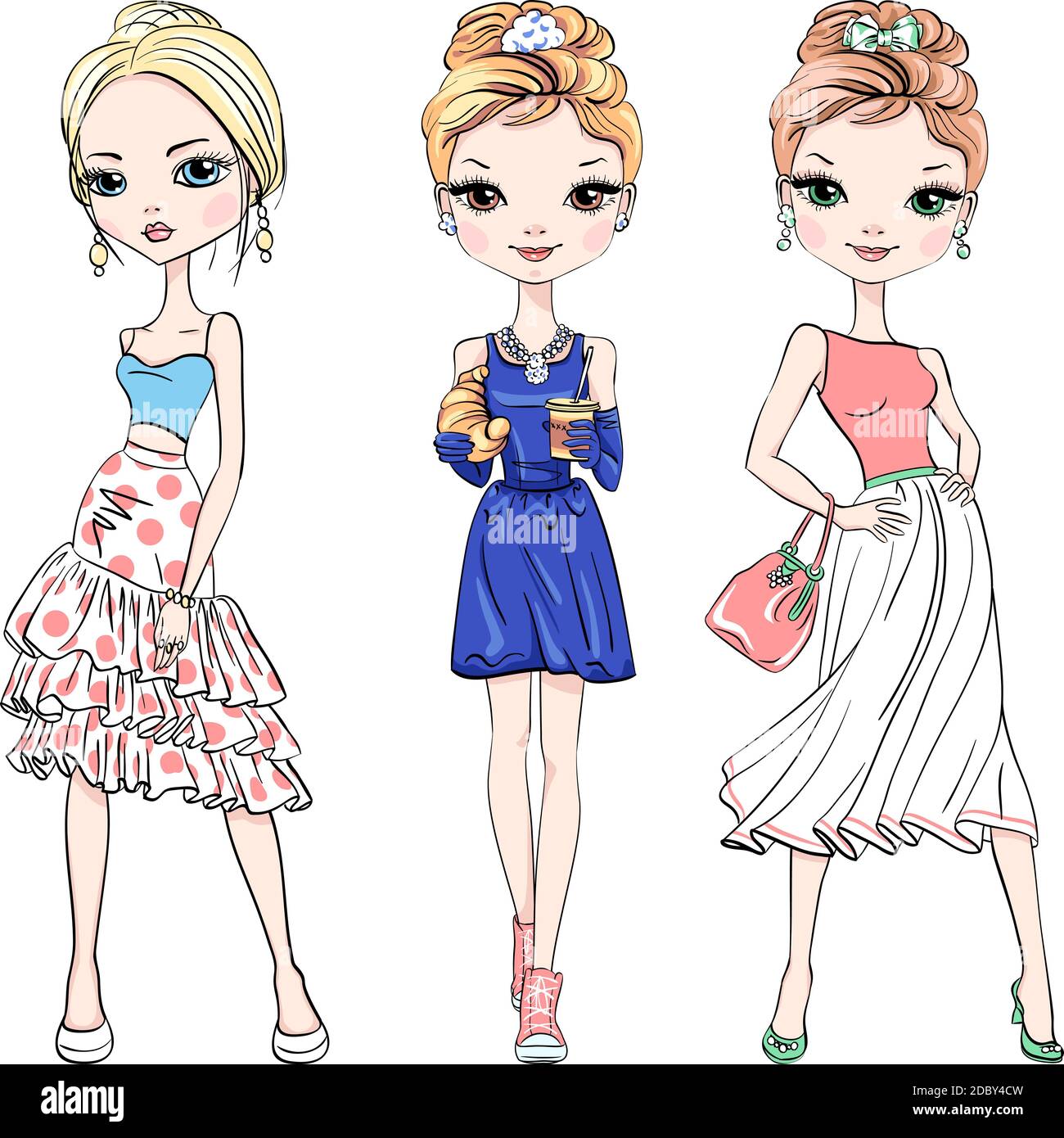 Vector set of three beautiful fashion girls top model in summer dresses ...