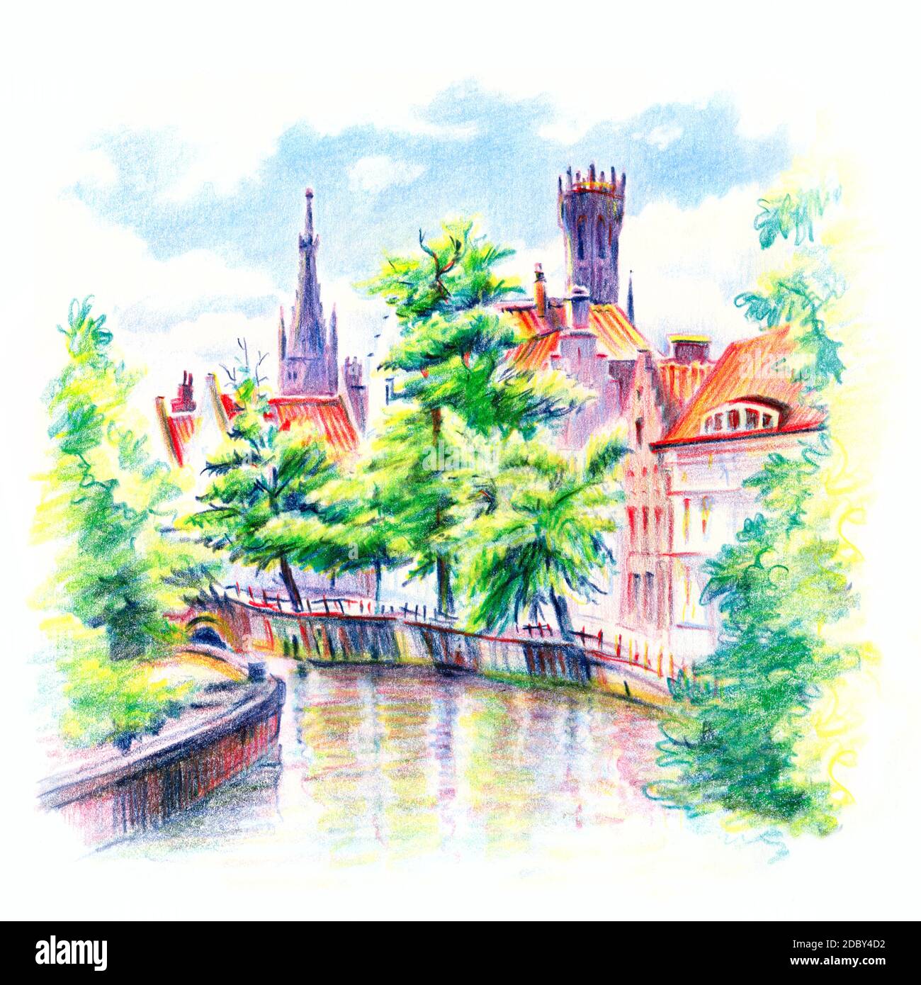 Urban sketch of Steenhouwers canal in Bruges with the belfry in the ...