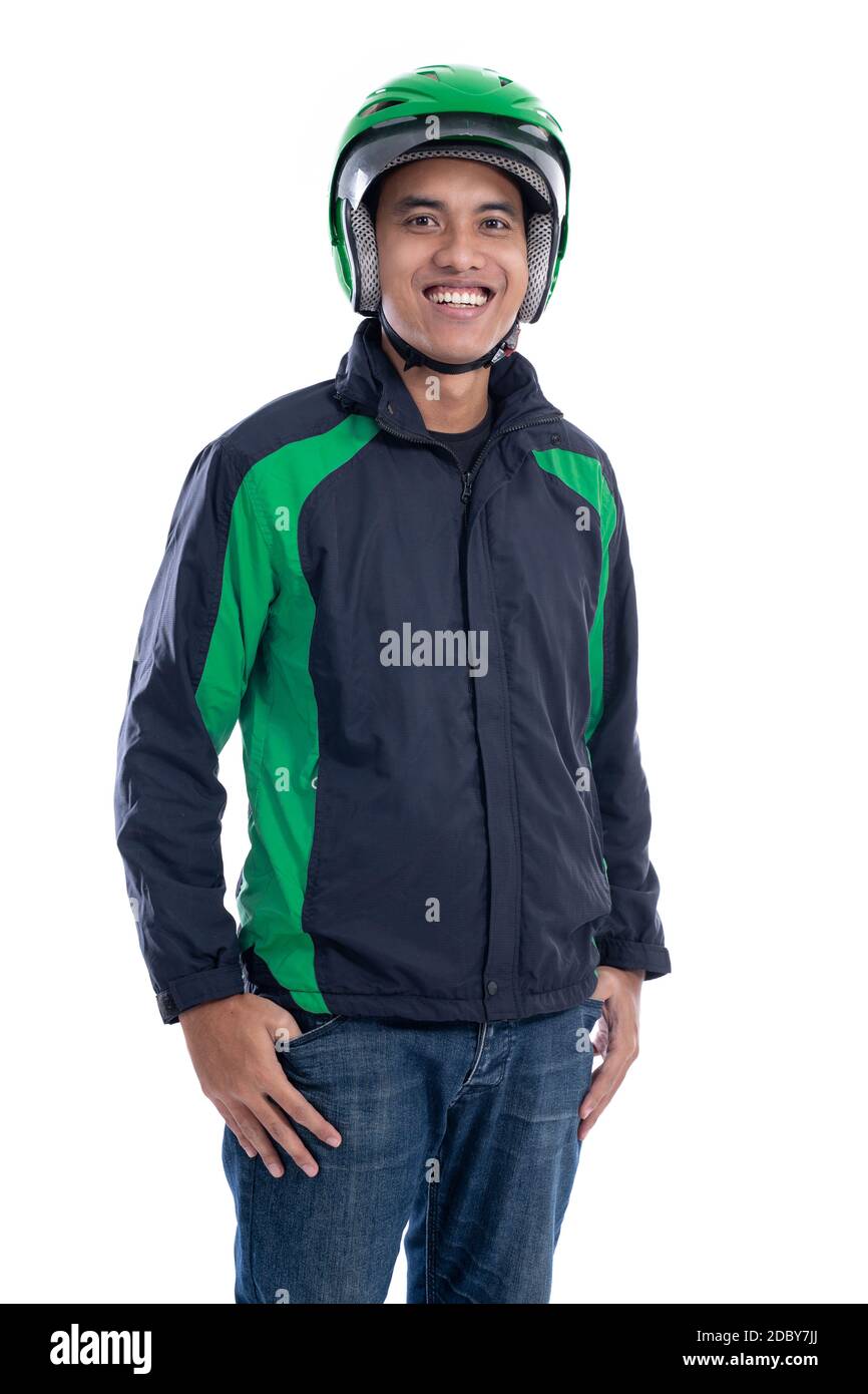 asian male motorbike rider with uniform isolated over white background ...