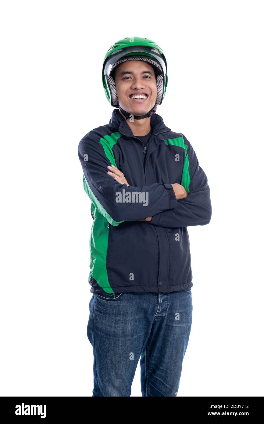 uber rider with helmet and jacket smiling to camera isolated over white ...