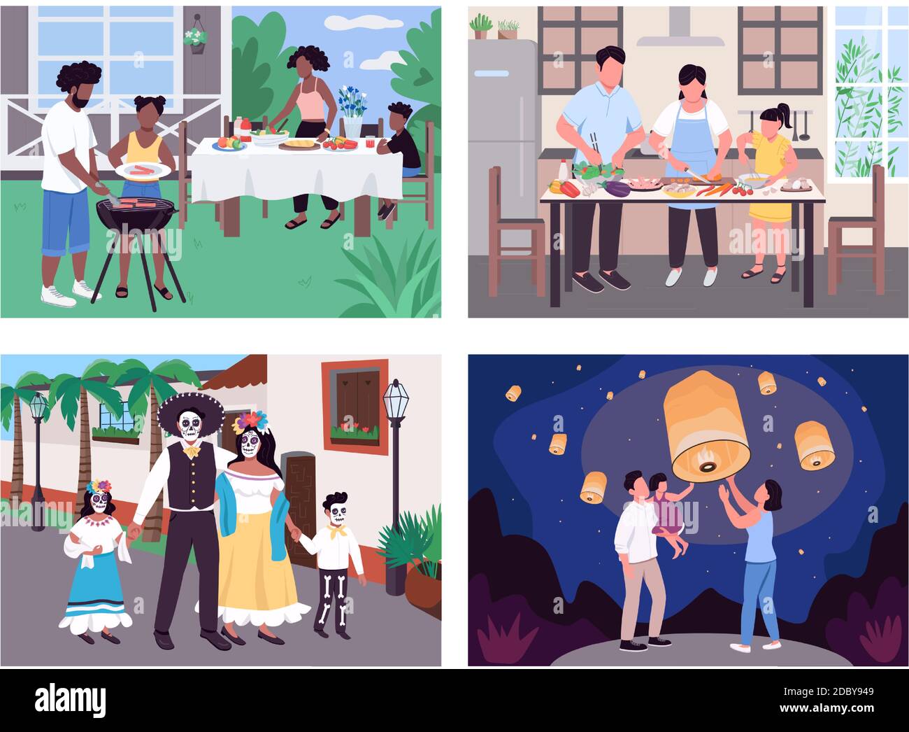 Worldwide culture flat color vector illustration set. African family ...