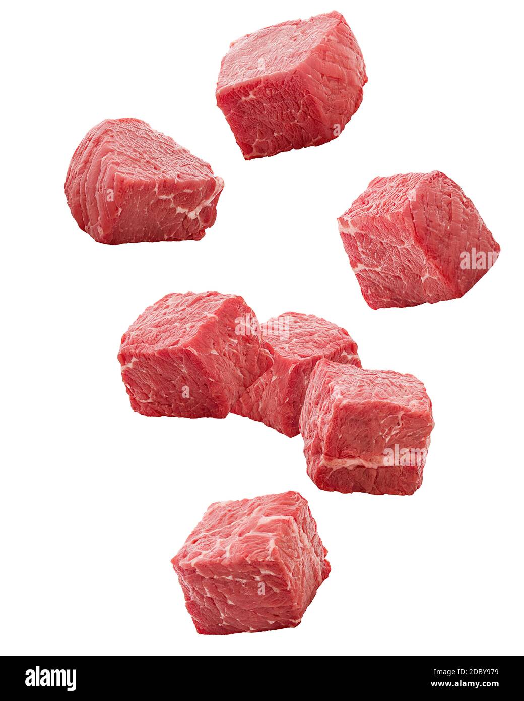 Falling meat, beef, cube, isolated on white background, clipping path ...