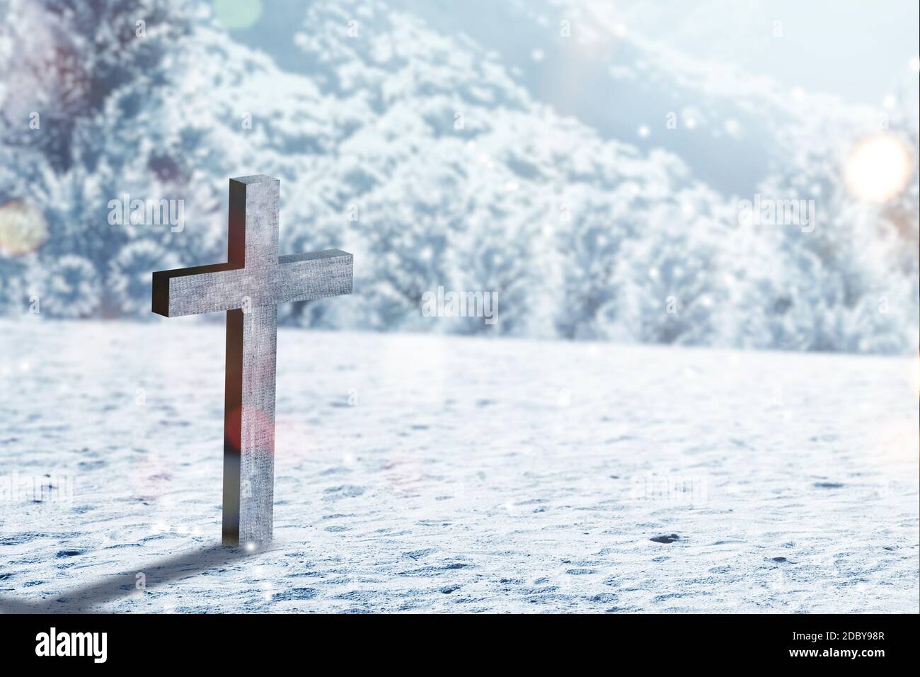 Christian cross on the snow with snowfall background Stock Photo - Alamy