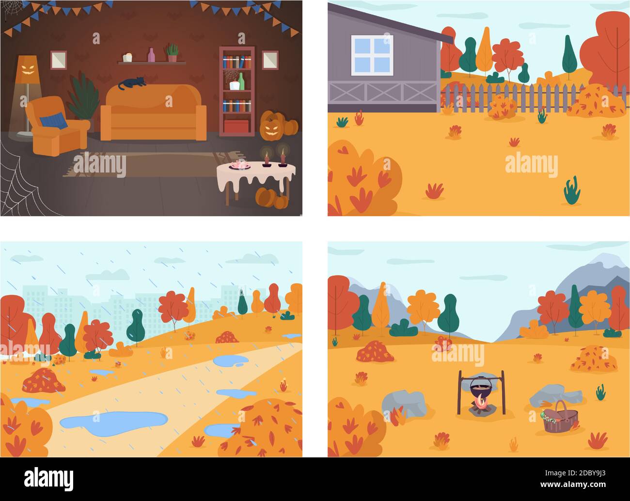 Fall holiday scene semi flat vector illustration set Stock Vector Image ...
