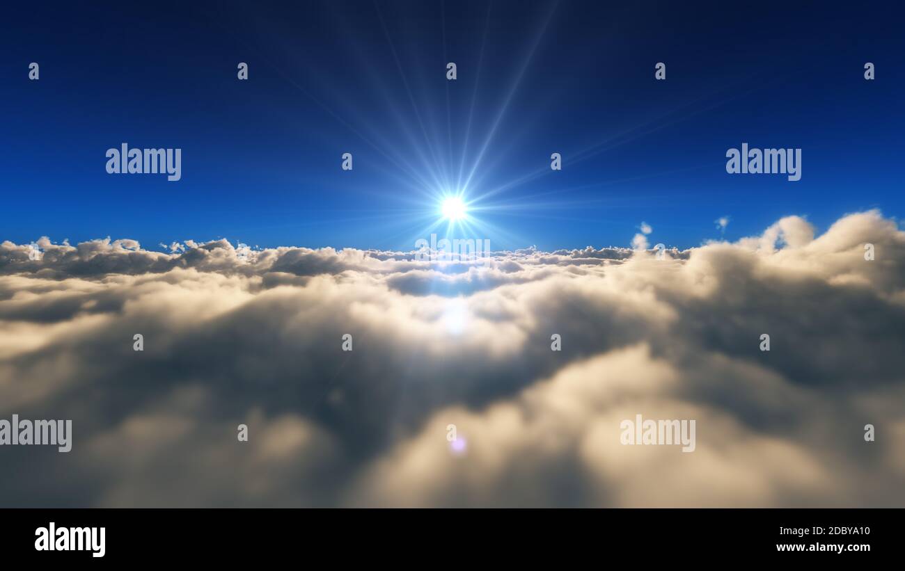 fly in above clouds sun ray, 3d render illustration Stock Photo - Alamy