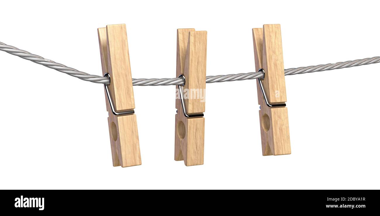 Three clothes pins on rope 3D render illustration isolated on white ...
