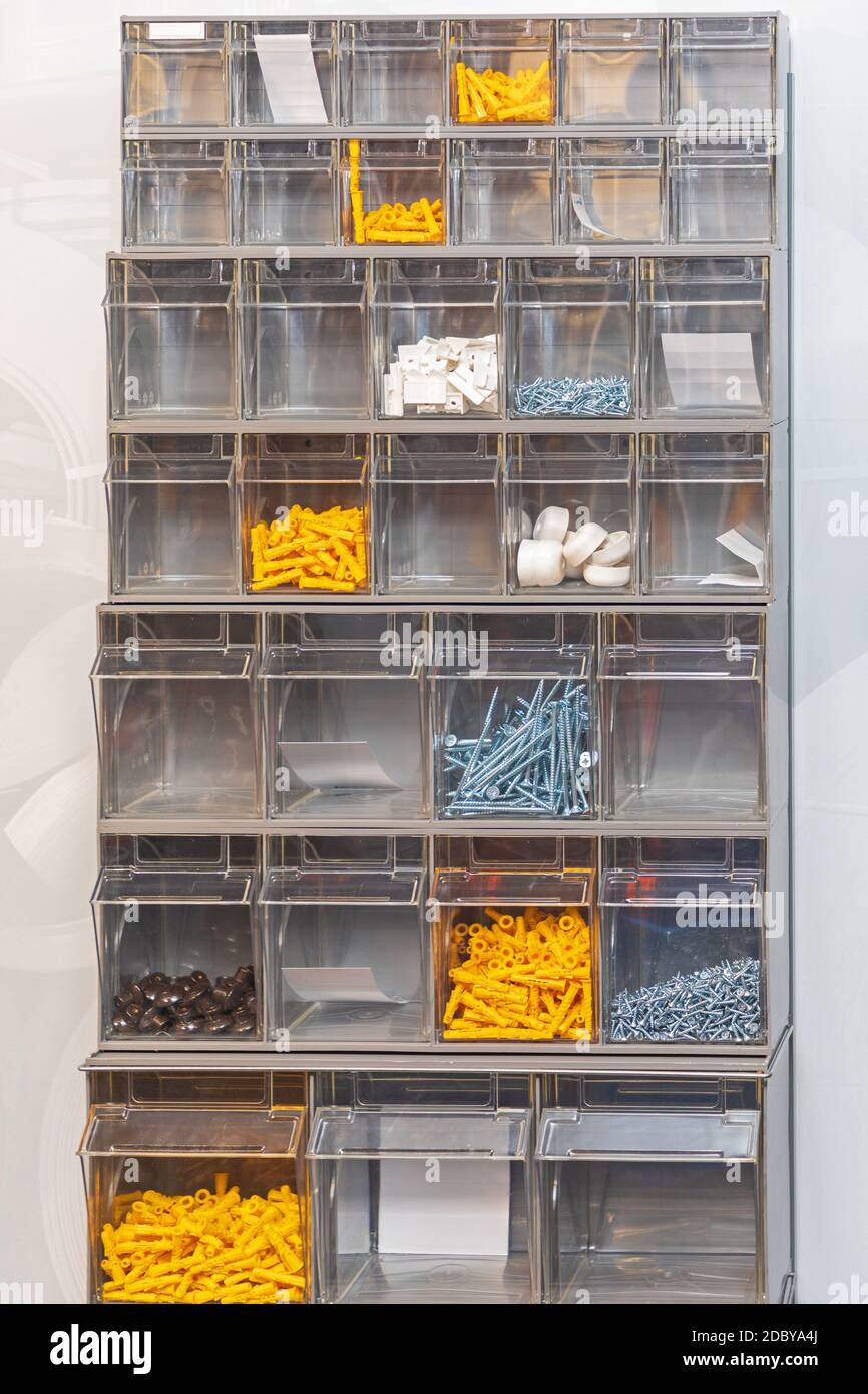 Platic Shelf Rack for Small Parts at Wall Storage Stock Photo - Alamy