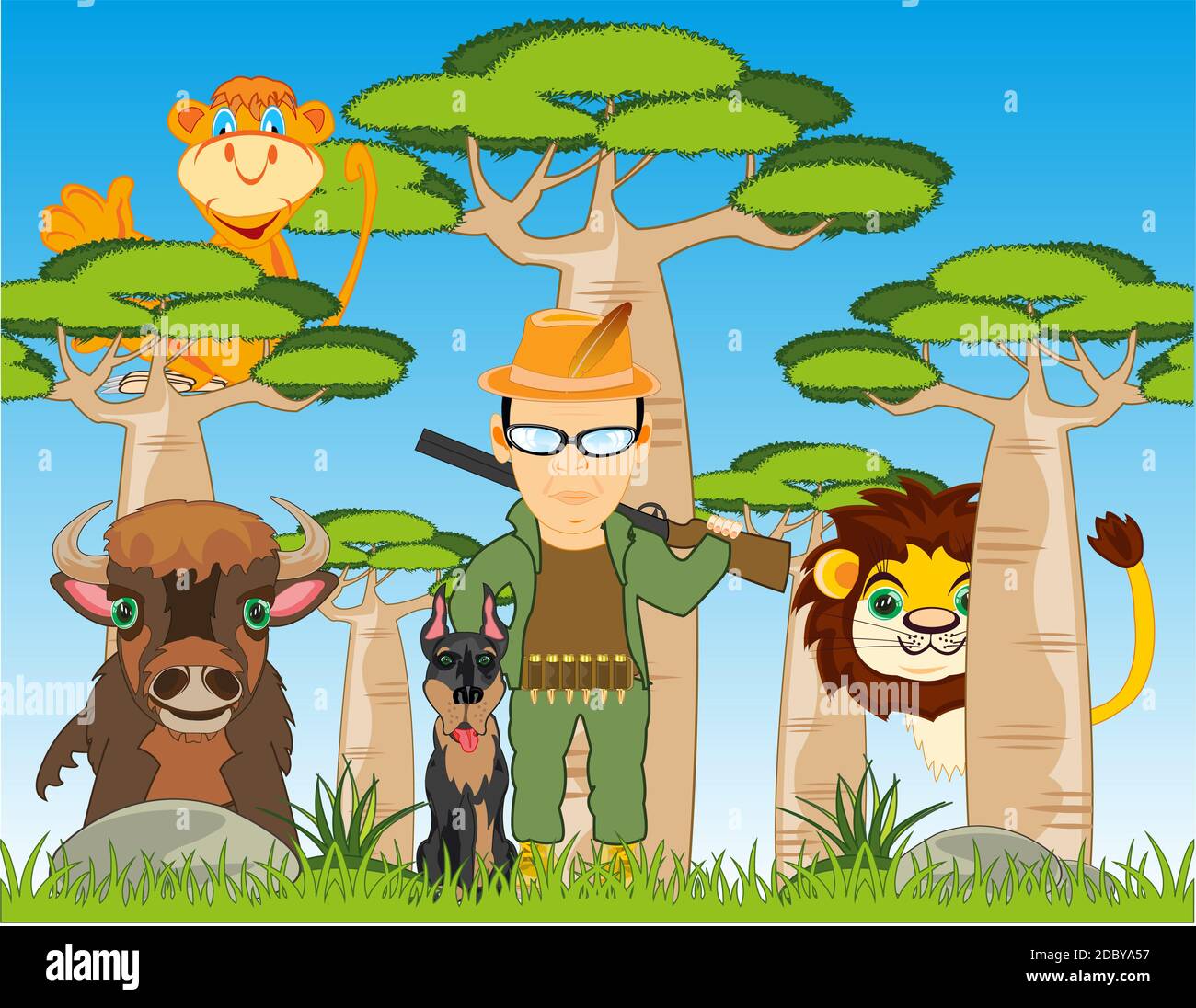 Cartoon of the huntsman with weapon and dog in wood with wildlifes ...