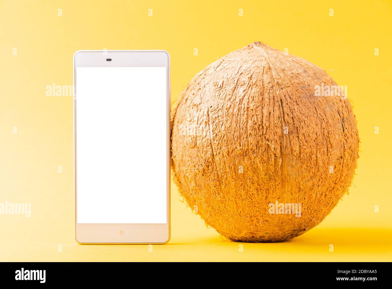 Happy coconuts day concept, whole coconut, and digital smartphone blank ...