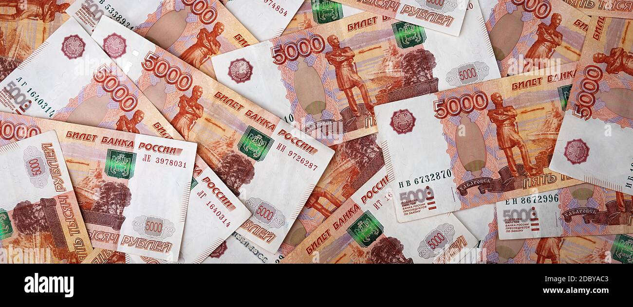 Russian money banknotes of five thousand rubles, background, banknotes ...