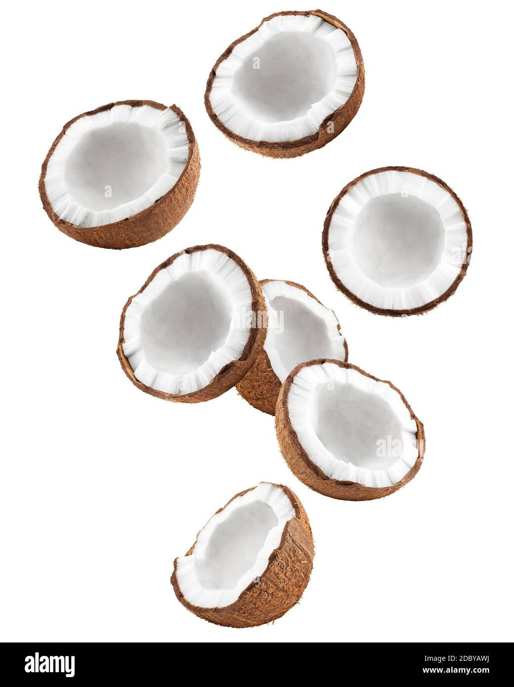 Falling coconut, isolated on white background, full depth of field ...