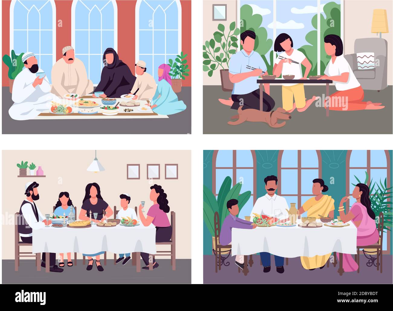 Traditional lunch for family flat color vector illustration set Stock ...