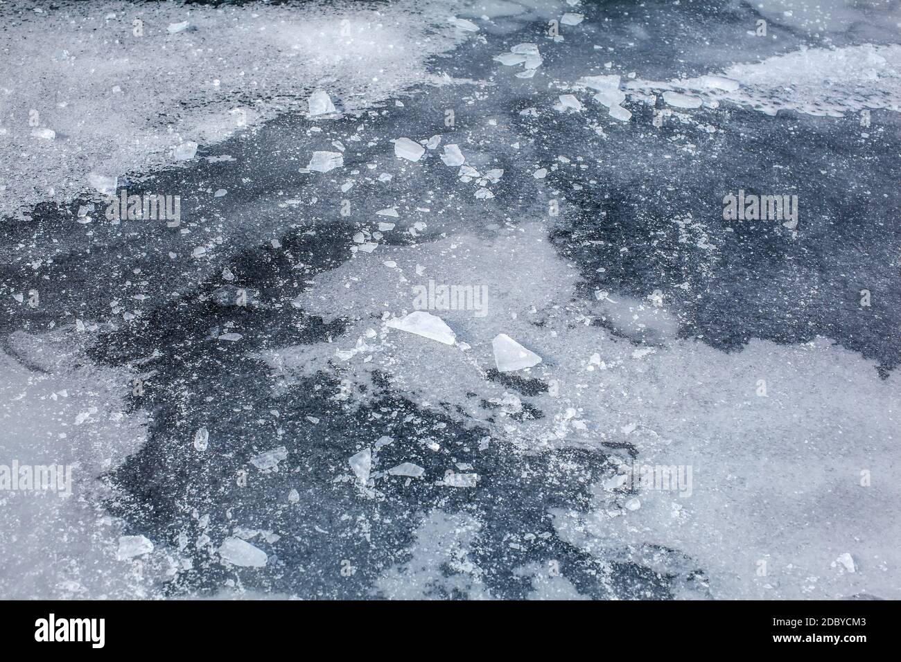 Detail on ice layer of completely frozen river, with snow and ice ...