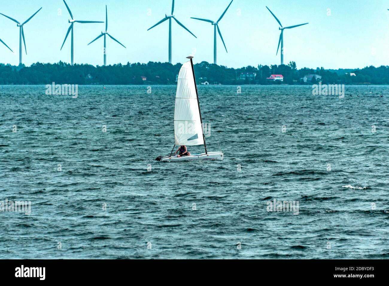 the catamaran sails past the island on which the wind turbines are ...