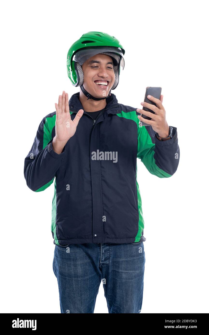 male uber driver video calling using smartphone isolated over white ...