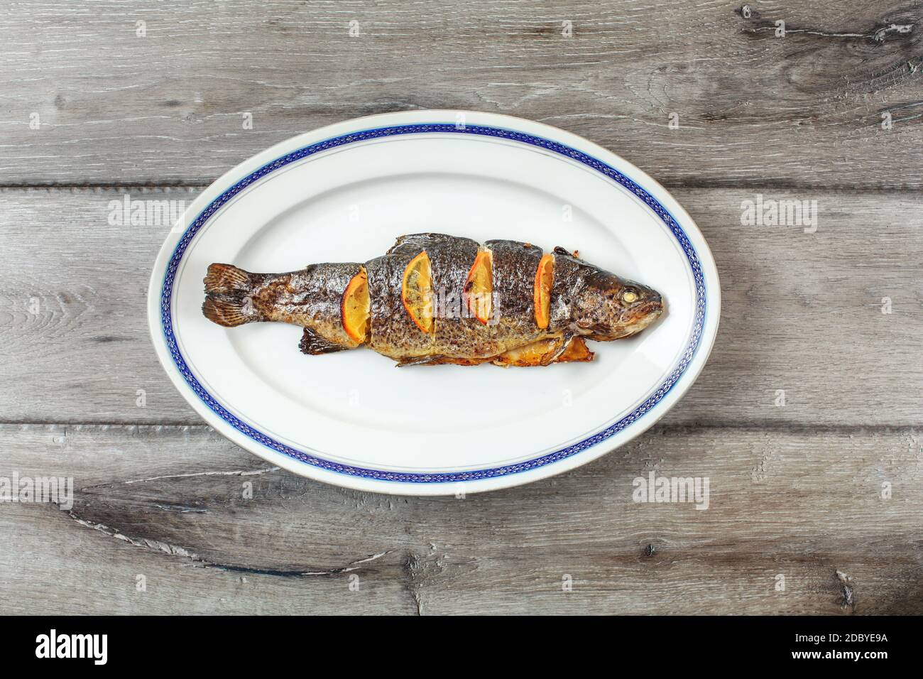 Grilled trout on white oval plate with blue, on gray wood table Stock ...