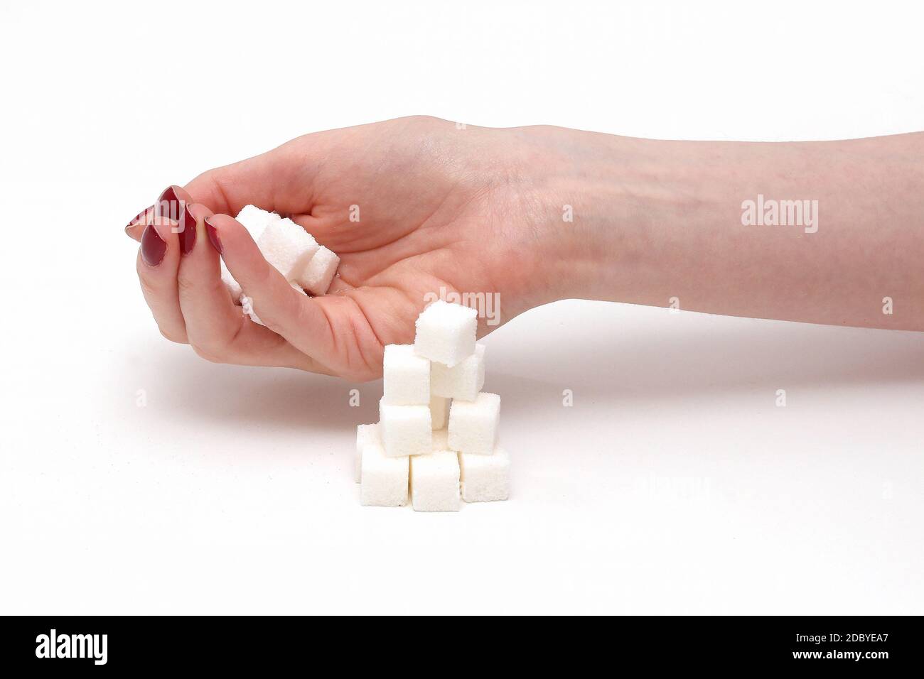 Female hand holding pile of white sugar cubes Stock Photo - Alamy