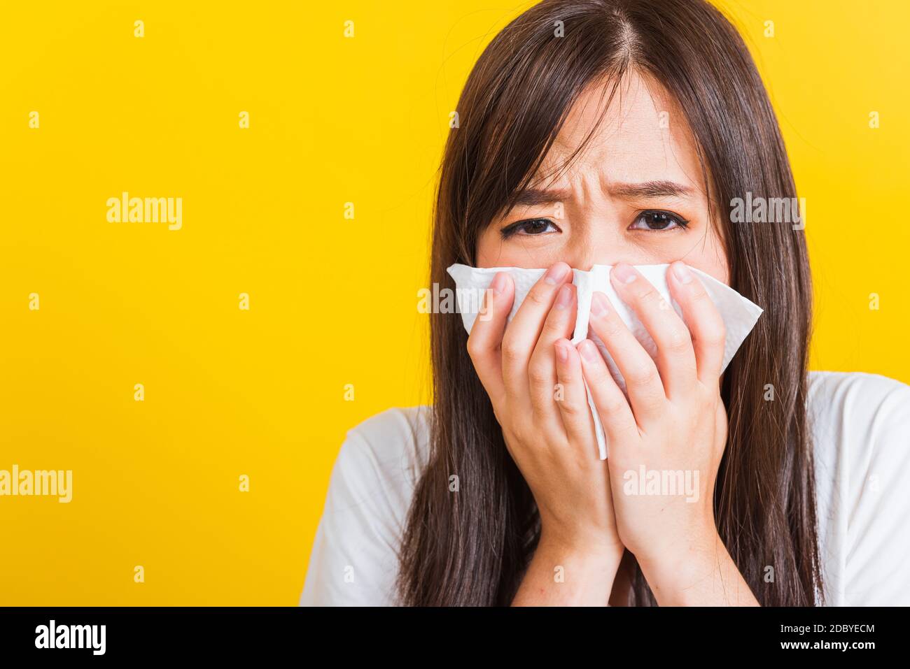 Portrait of Asian beautiful young woman sad she crying wipe the mucus ...