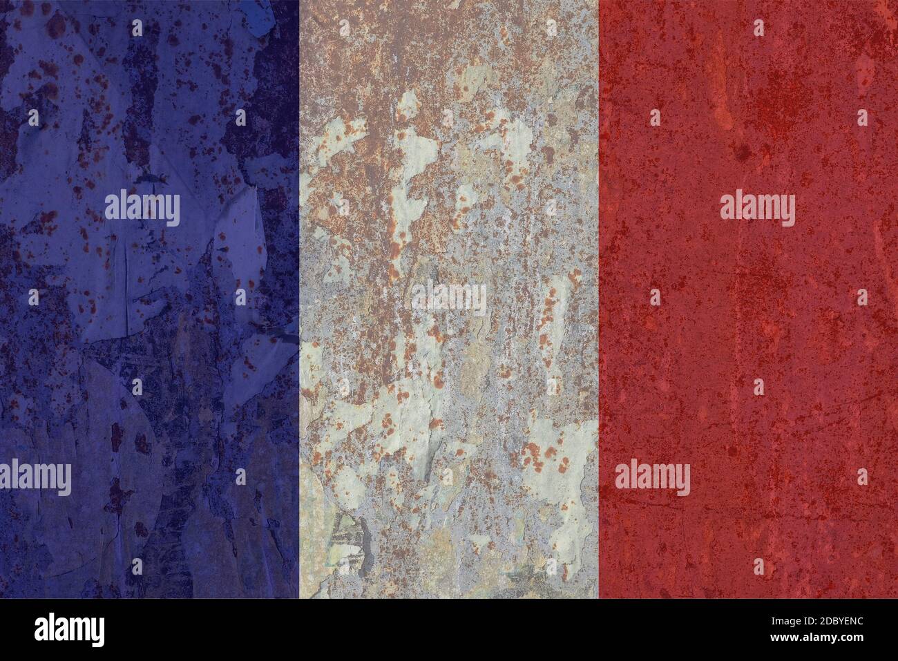 the French national flag of France, Europe, grunge rusted texturised ...