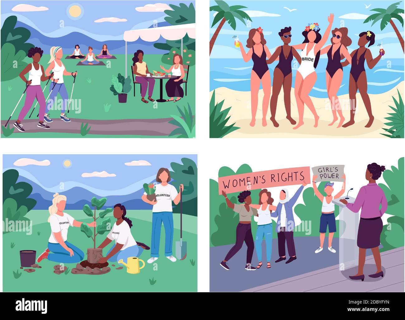 Women group activities flat color vector illustration set Stock Vector ...