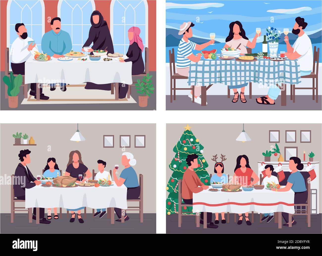 Traditional family dinners flat color vector illustration set Stock ...