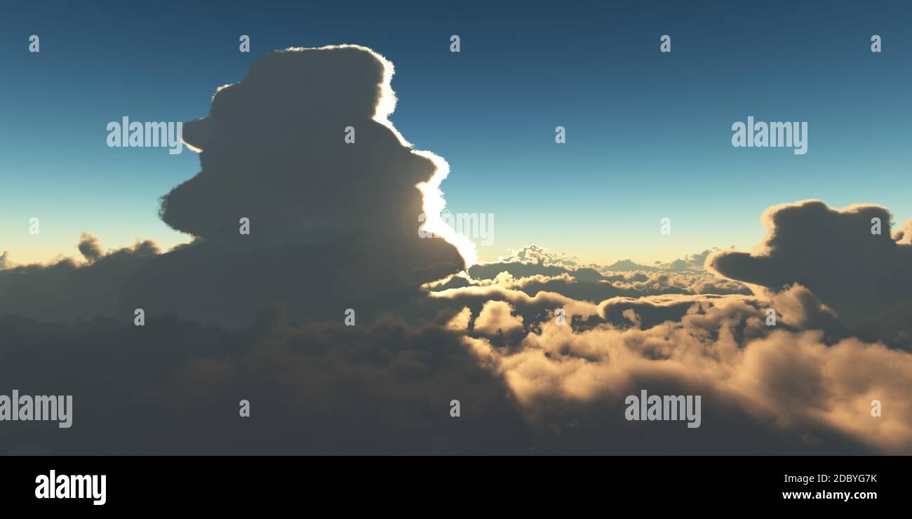 fly above clouds sunset 3d render illustration Stock Photo - Alamy