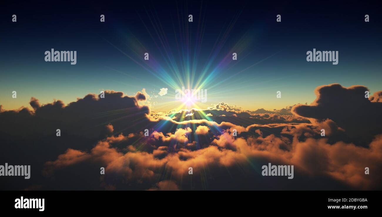 fly above clouds sunset 3d render illustration Stock Photo - Alamy