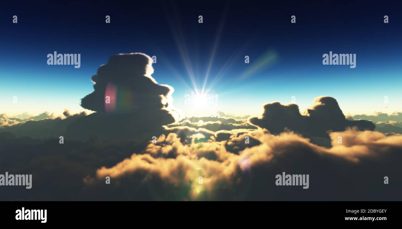 fly above clouds sunset 3d render illustration Stock Photo - Alamy