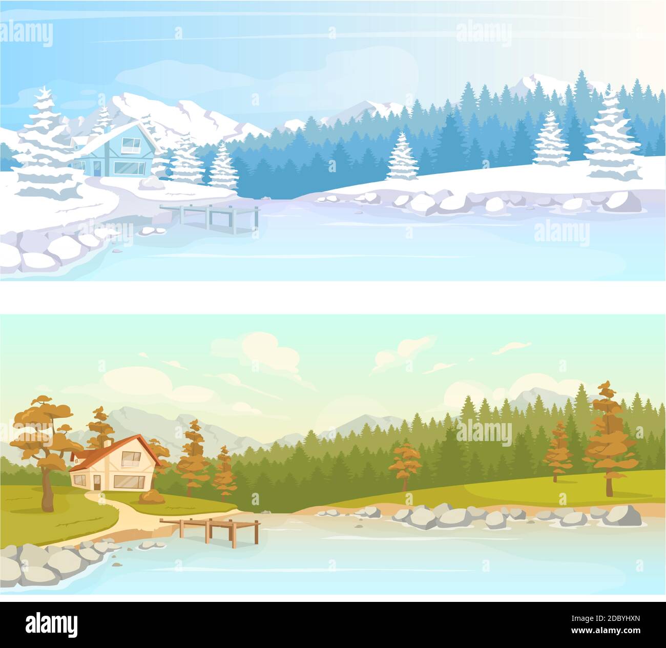 Seasonal countryside scenery flat color vector illustration set Stock ...
